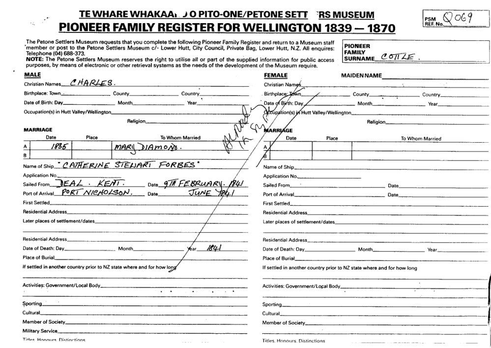 Pioneer Family Register : Cottle | Hutt City Heritage